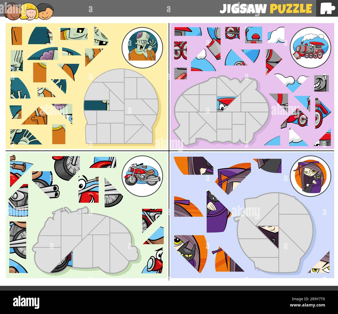 Cartoon illustration of educational jigsaw puzzle games set with ...