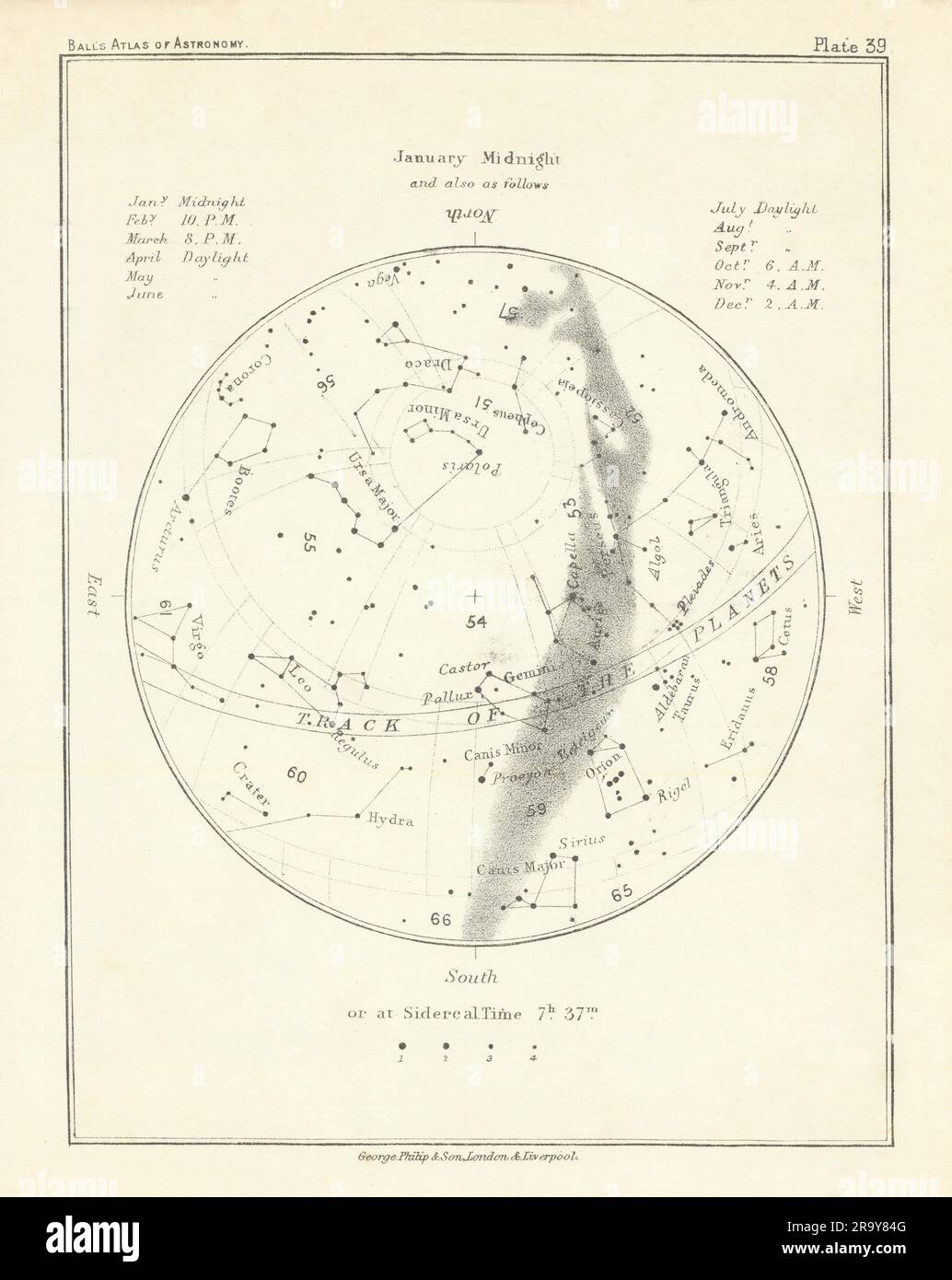 Night Sky Star Chart - January Midnight by Robert Ball. Astronomy 1892 ...
