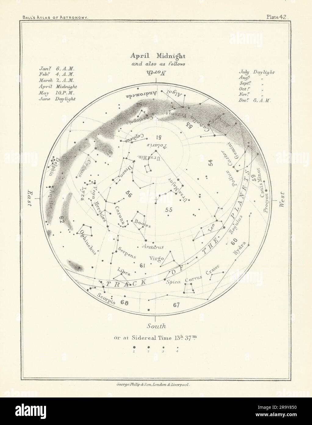 Night Sky Star Chart - April Midnight by Robert Ball. Astronomy 1892 ...