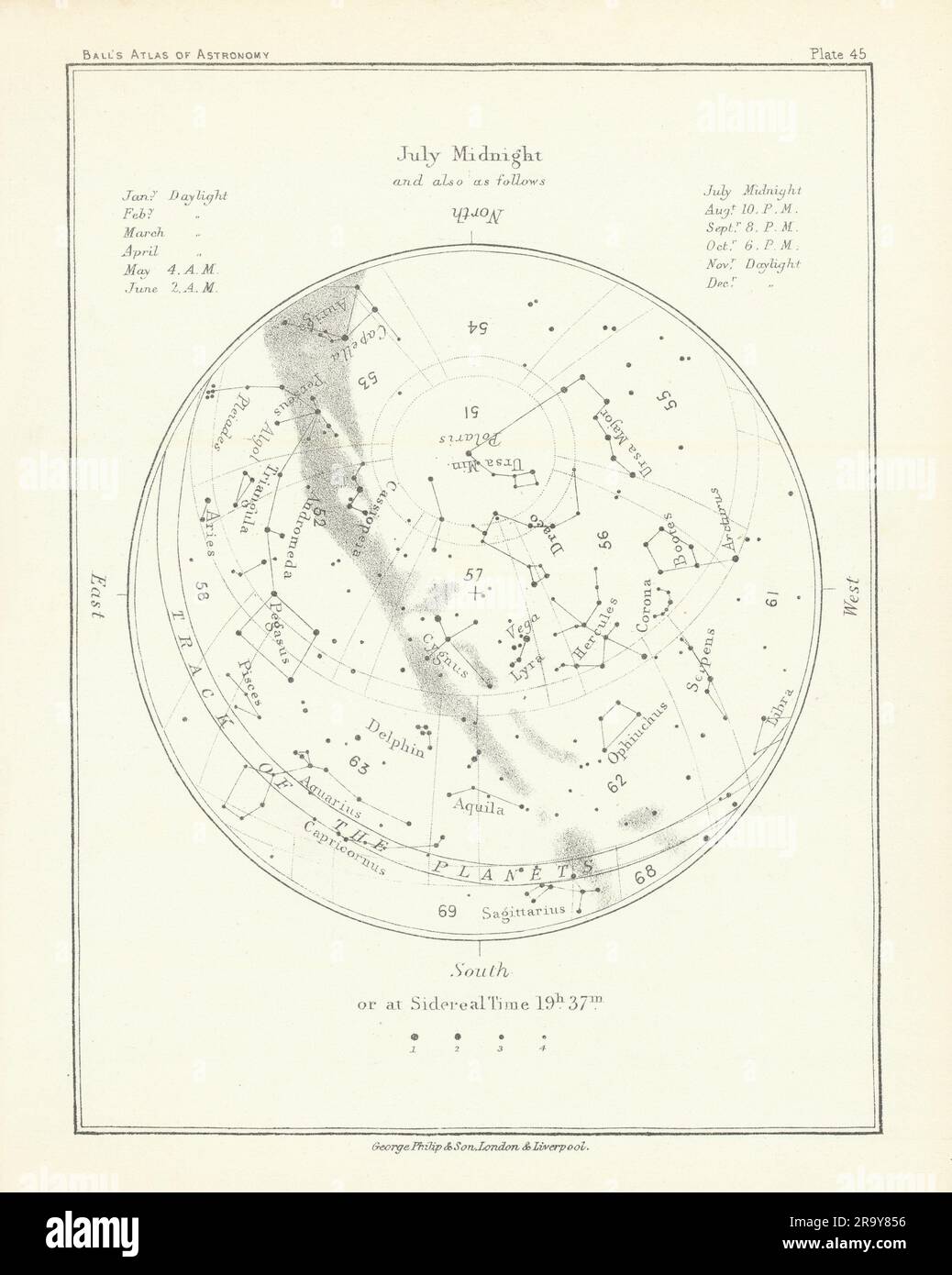 Night Sky Star Chart - July Midnight by Robert Ball. Astronomy 1892 old ...