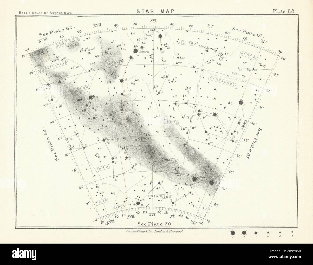 Star map night sky Apus Hydra Libra Lupus Norma Pavo Sagittarius ...
