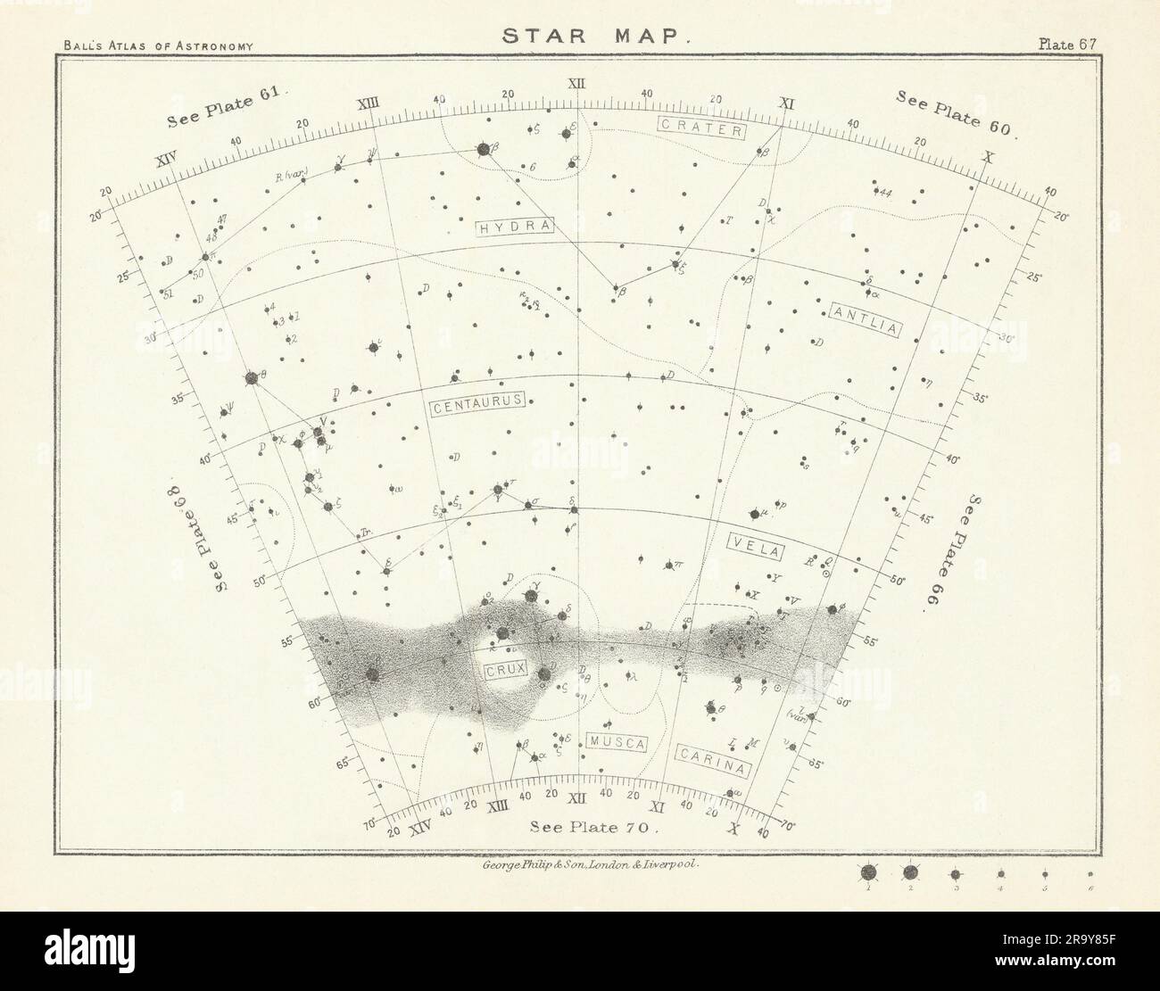 Star map night sky Antlia Carina Crater Crux Hydra Musca Vela 1892 old ...