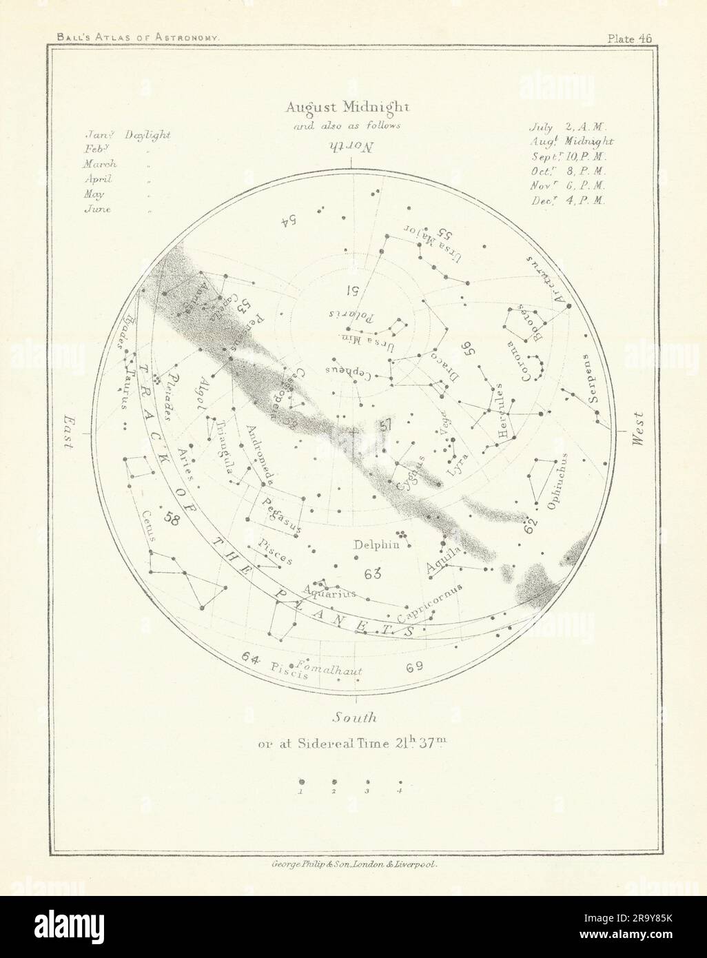 Night Sky Star Chart - August Midnight by Robert Ball. Astronomy 1892 ...