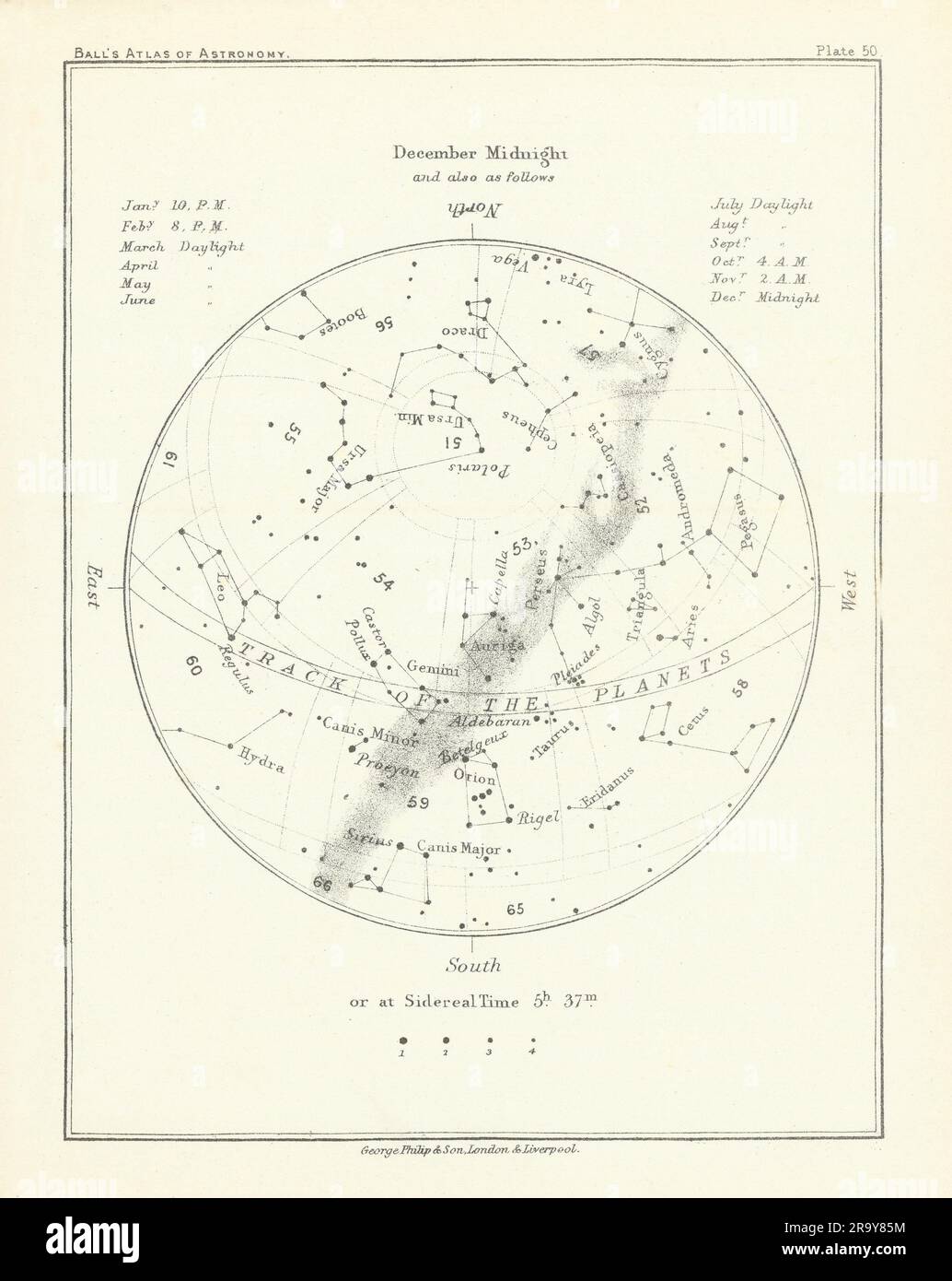 Night Sky Star Chart - December Midnight by Robert Ball. Astronomy 1892 ...
