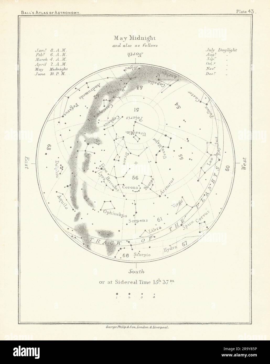 Night Sky Star Chart - May Midnight by Robert Ball. Astronomy 1892 old ...