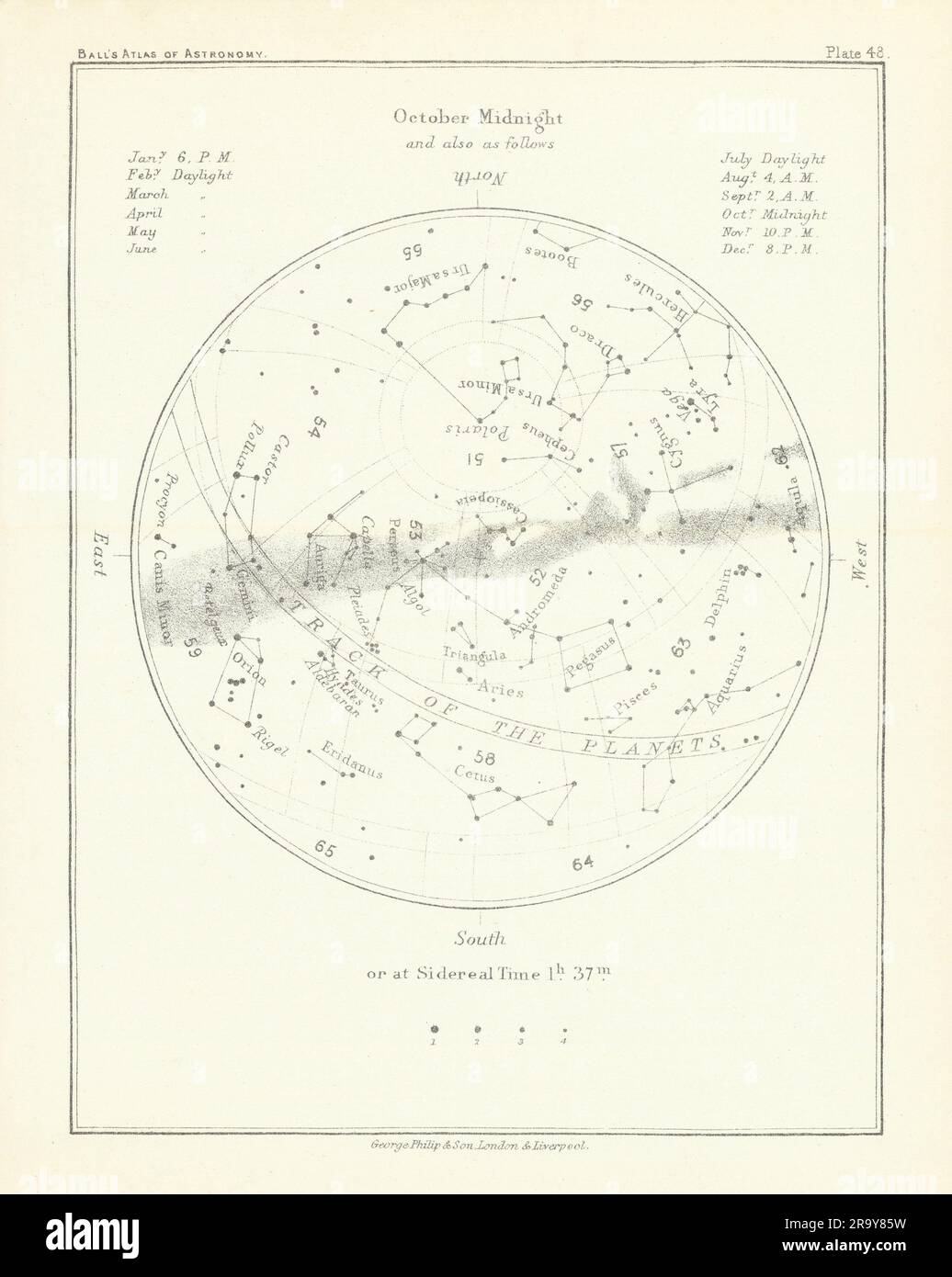 Night Sky Star Chart - October Midnight by Robert Ball. Astronomy 1892 old map Stock Photo - Alamy