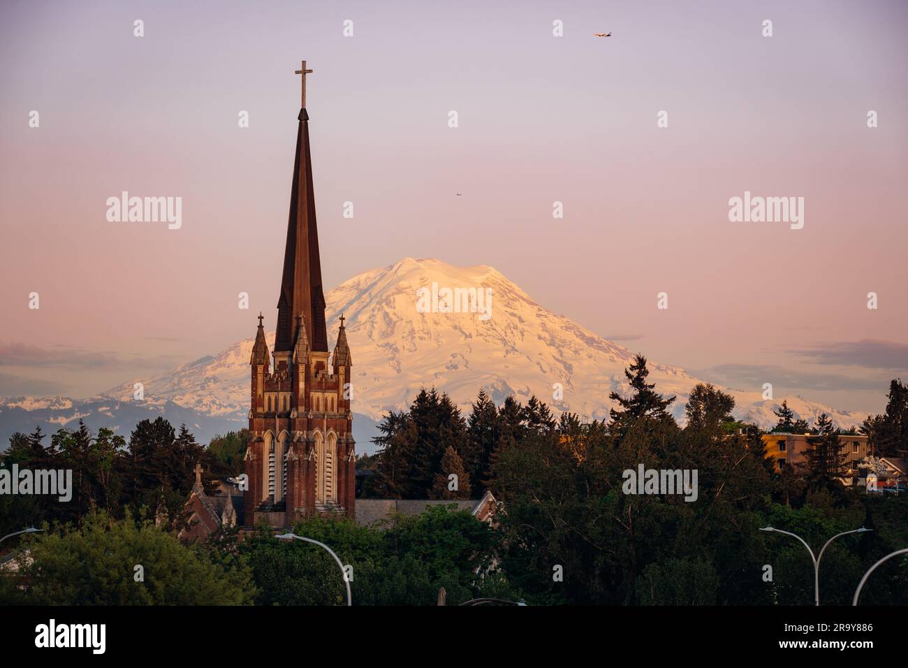 Holy Rosary Catholic Church with Mount Rainier in the background ...
