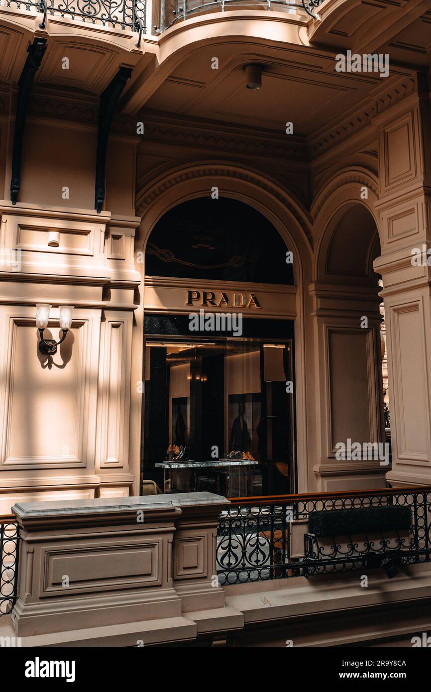 Beige classy facade of Prada boutique inside the famous shopping mall ...