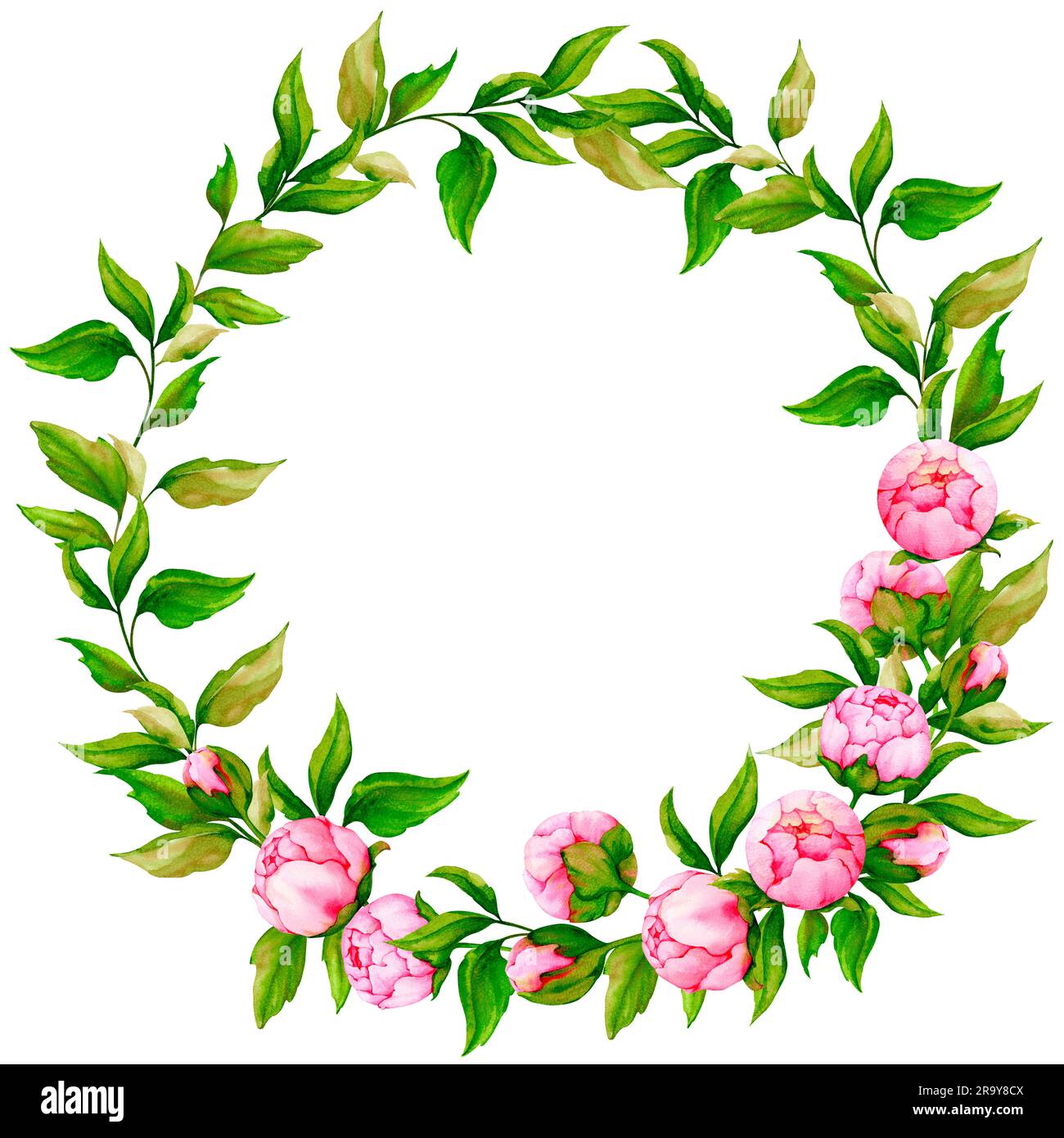 Wreath of pink peonies. Watercolor border for the design of greeting ...