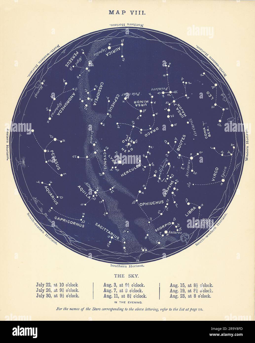 STAR MAP VIII. The Night Sky. July-August. Astronomy. PROCTOR 1896 old ...