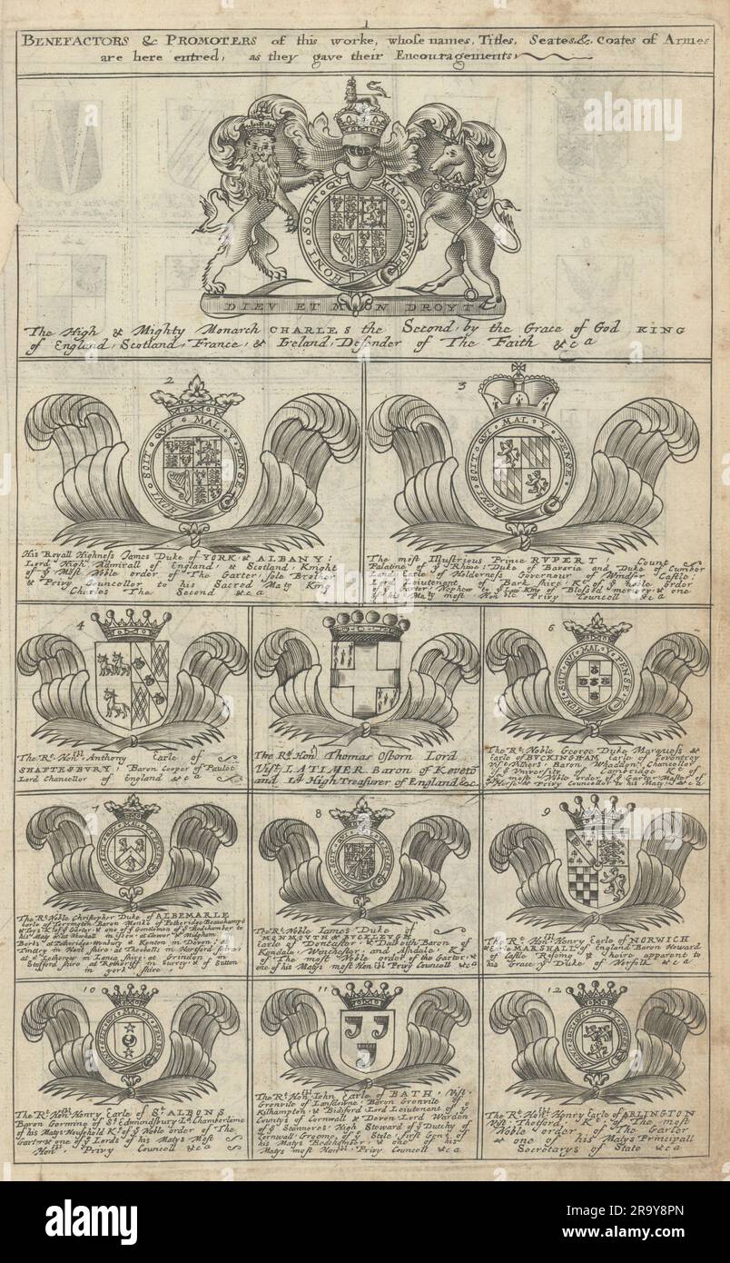 Family coats of arms of benefactors to Blome's Britannia. Folio 1 #1-12 ...