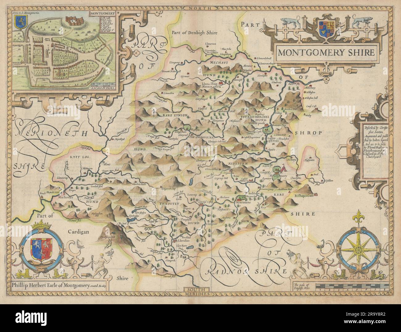 Montgomeryshire county map by John Speed. Bassett & Chiswell edition ...