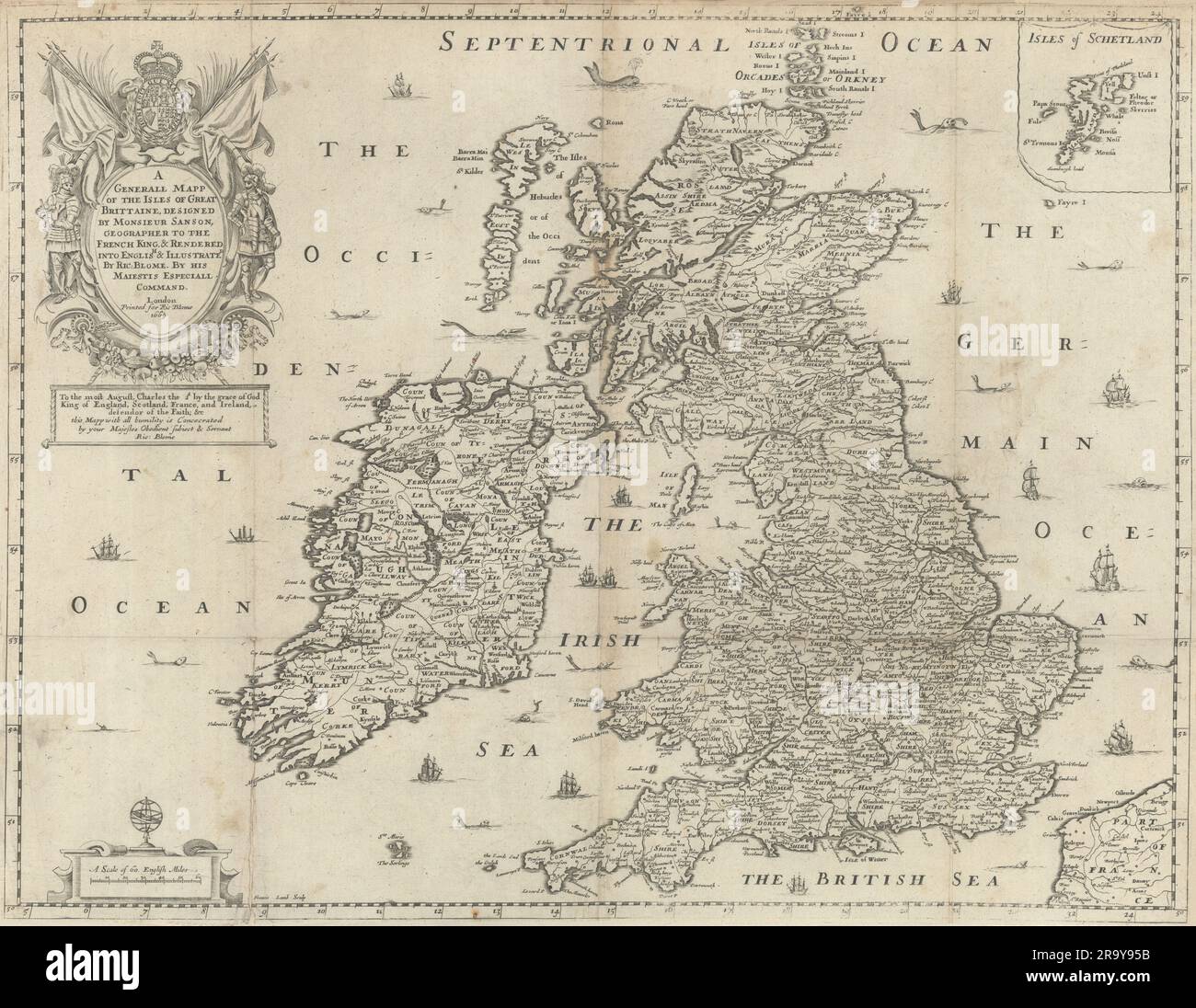 A Generall Mapp of the Isles of Great Brittaine by Richard Blome 1673 old Stock Photo - Alamy