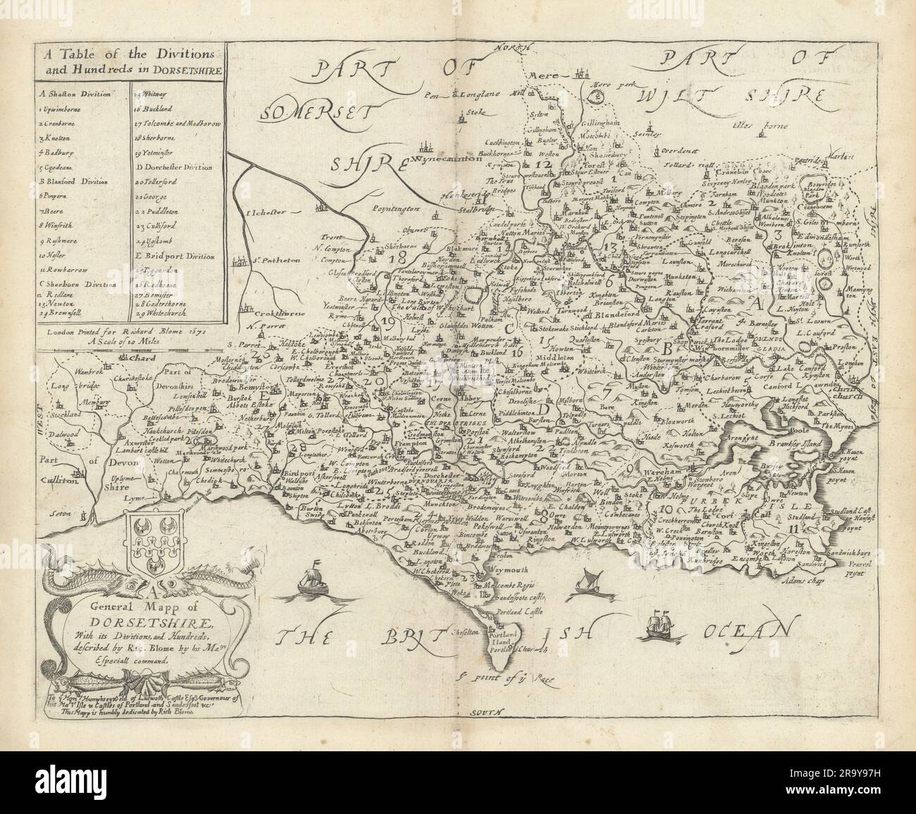 A General Map of Dorsetshire, with its Divitions… by Richard Blome 1673 ...