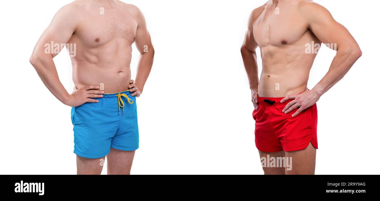 men with diet and sport for body comparison, copy space. photo of diet ...