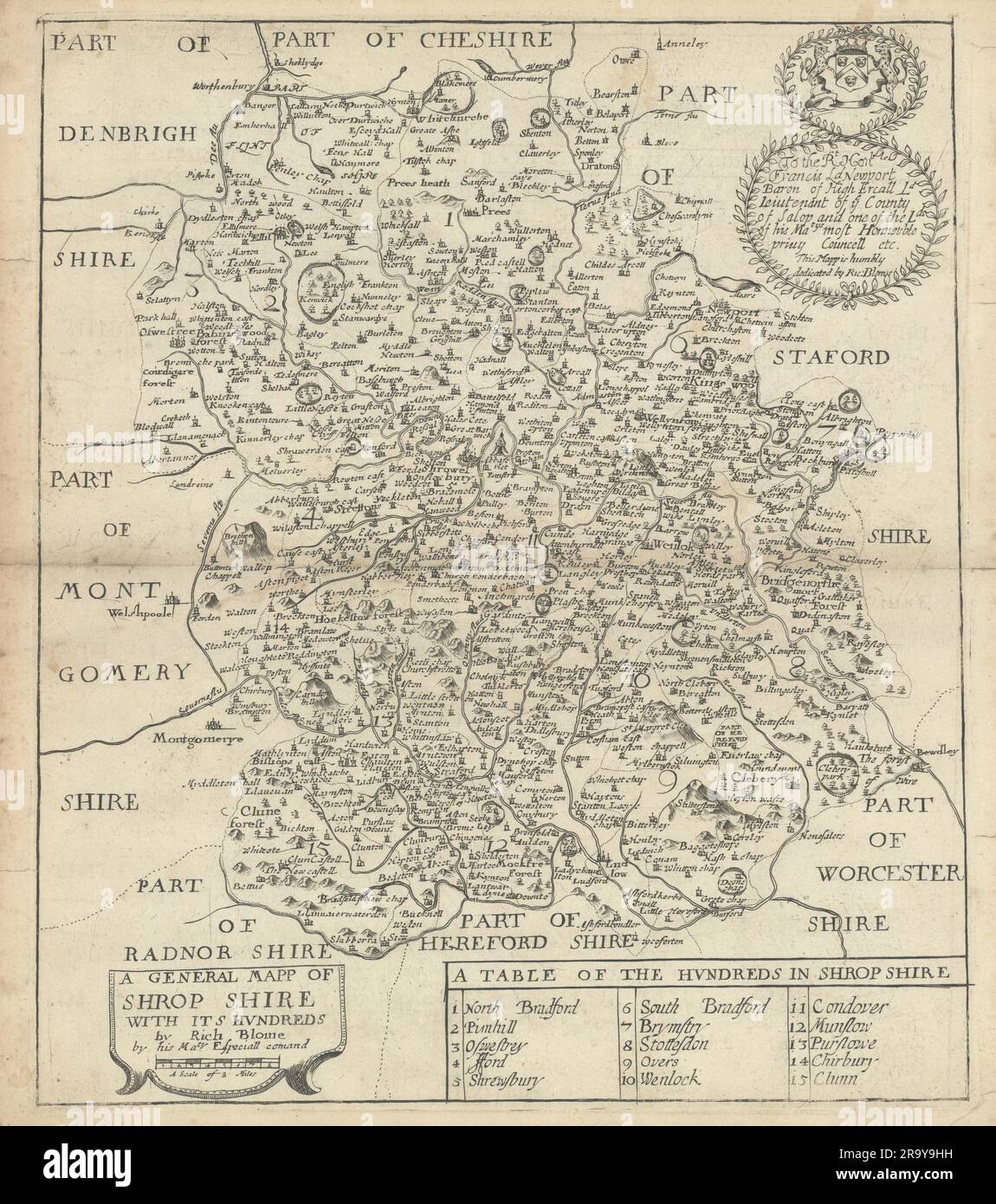A General Mapp of Shrop Shire with its Hundreds by Richard Blome 1673 ...