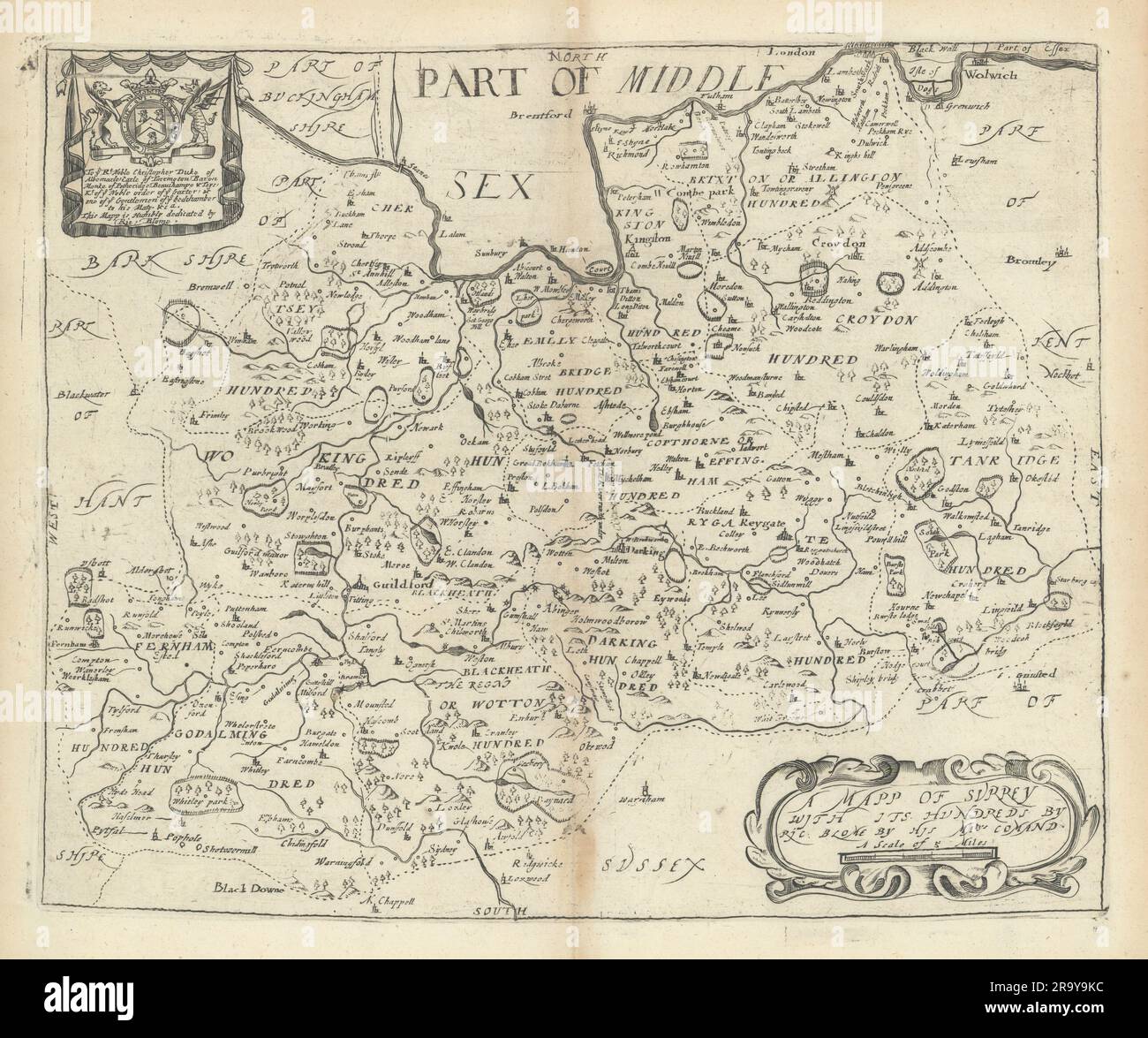 A Mapp of Surrey with its Hundreds by Richard Blome 1673 old antique ...