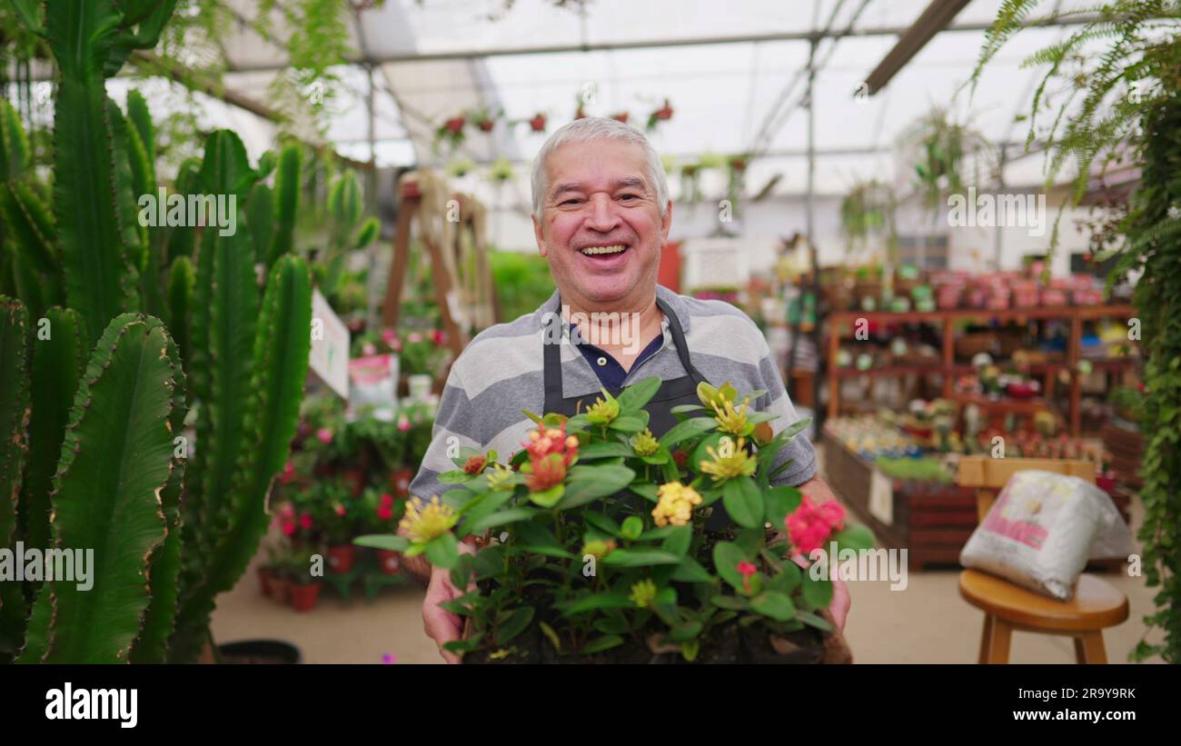 Joyful friendly Older Male business owner of Plant Store Carrying ...