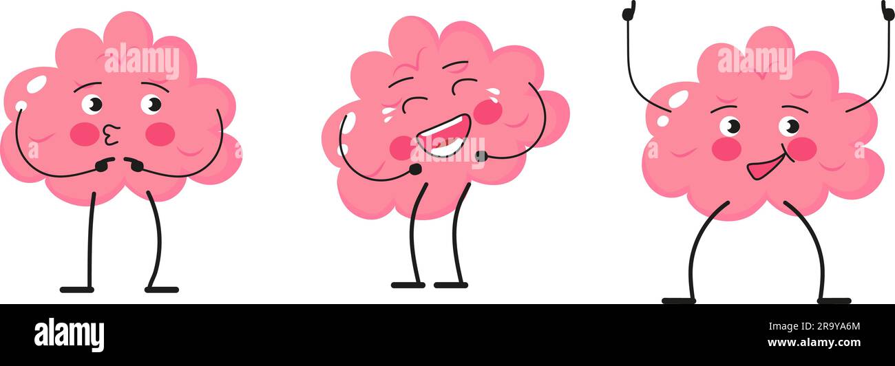 Cartoon brain emoji, emotion brainy vector set. Brainstorming set ...