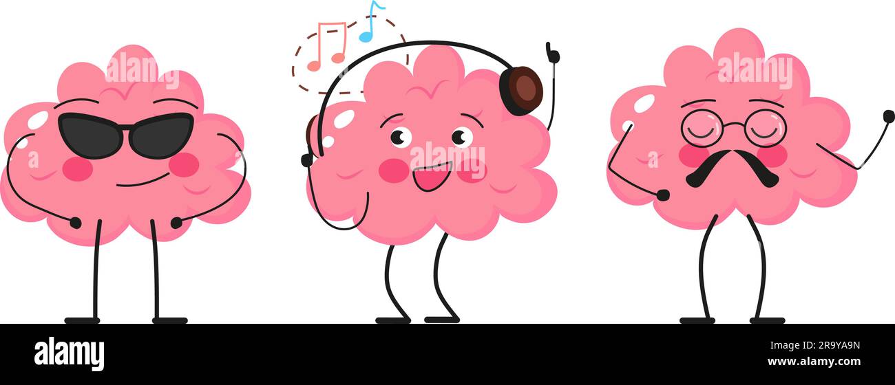 Cartoon brain emoji, emotion brainy vector set. Brainstorming set ...