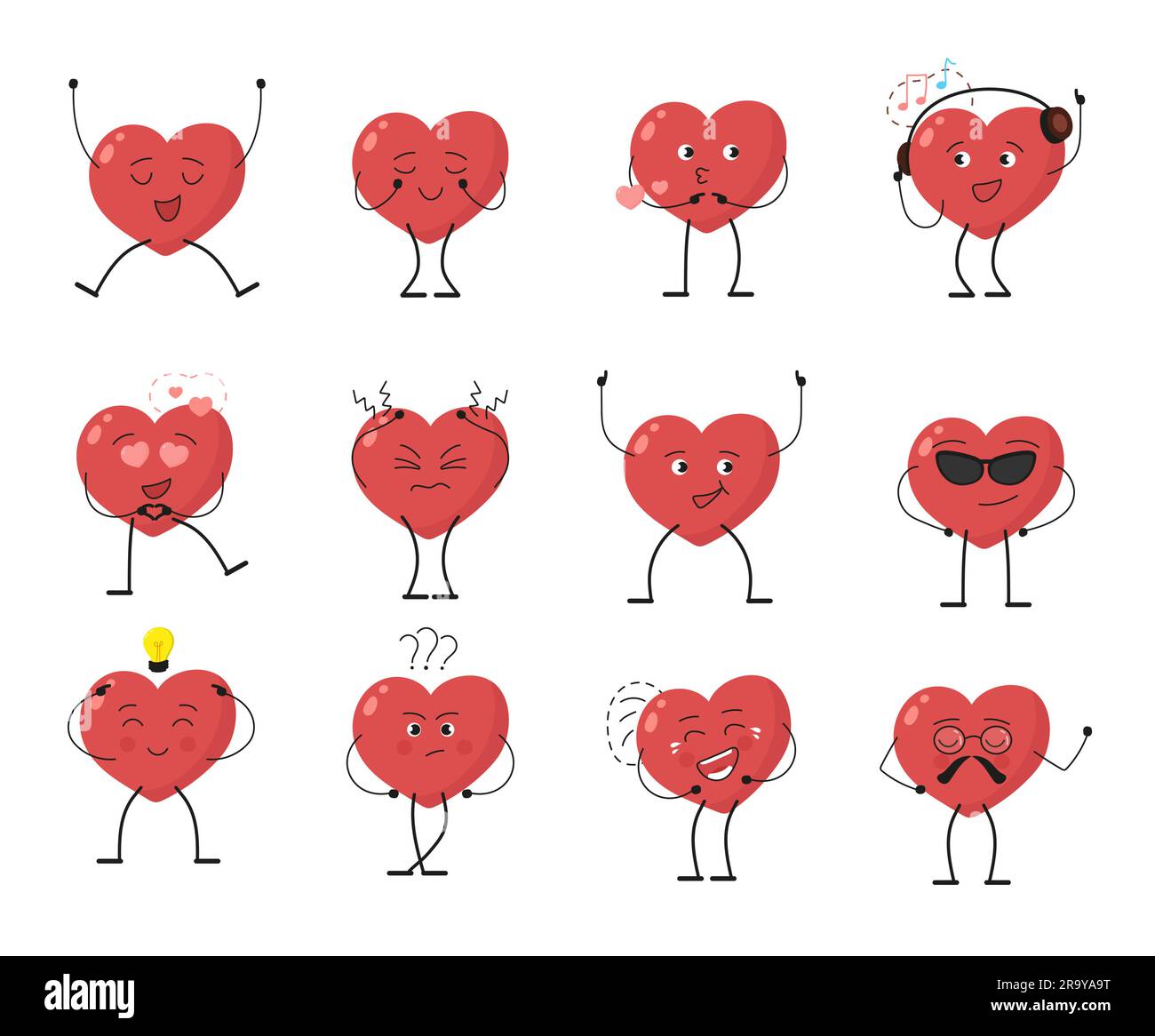 Cheerful cartoon heart characters vector set. Feeling harmony ...