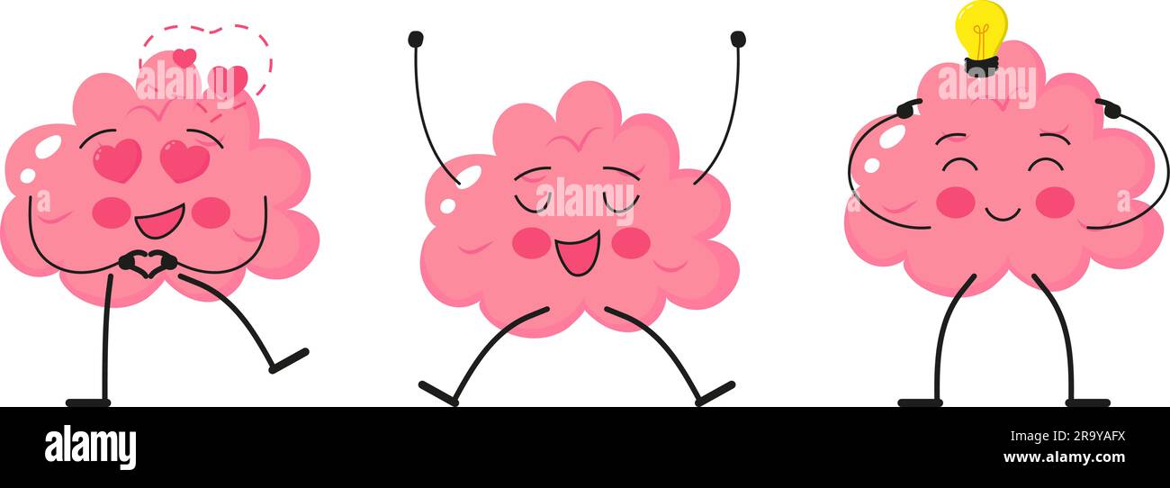 Cartoon brain emoji, emotion brainy vector set. Brainstorming set ...