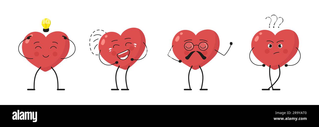 Cheerful cartoon heart characters vector set. Feeling harmony ...