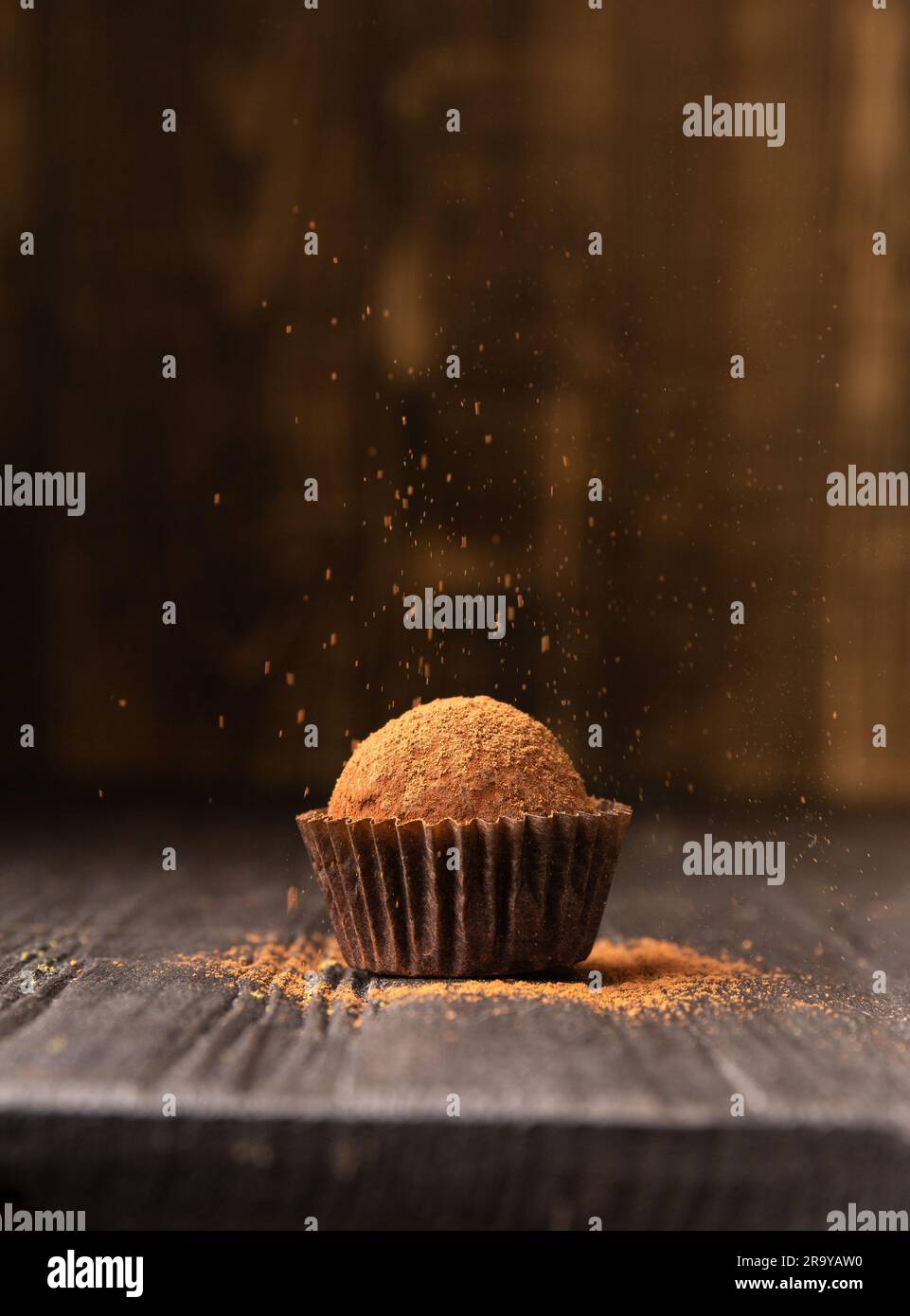 Cocoa powder is sprinkled on a chocolate truffle under a beautiful ...