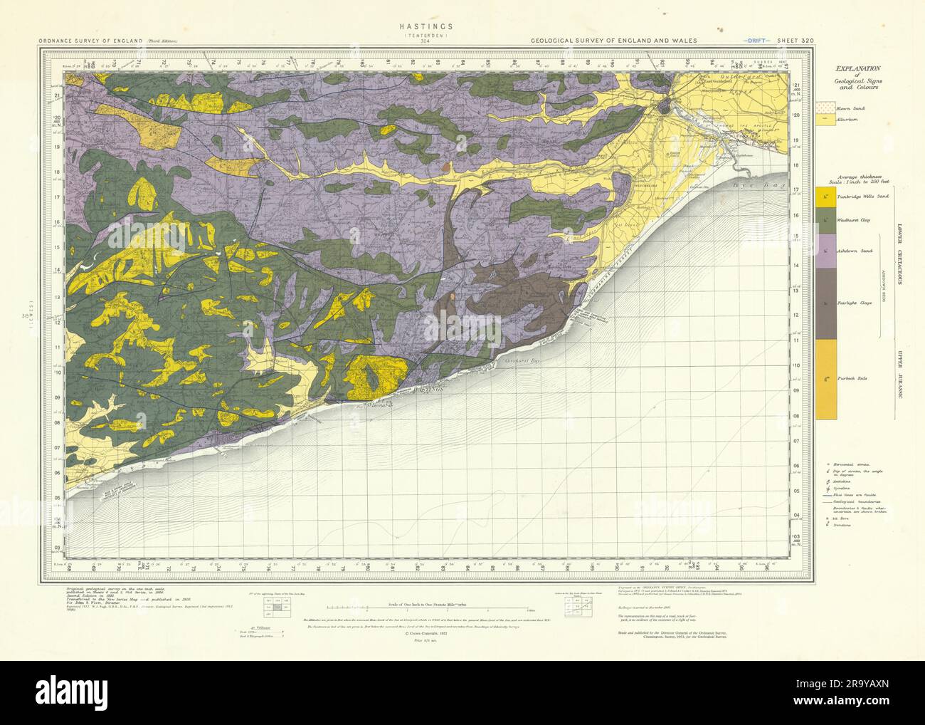Hastings. Geological survey map. Sheet 320. Sussex Bexhill Rye High Weald 1962 Stock Photo - Alamy