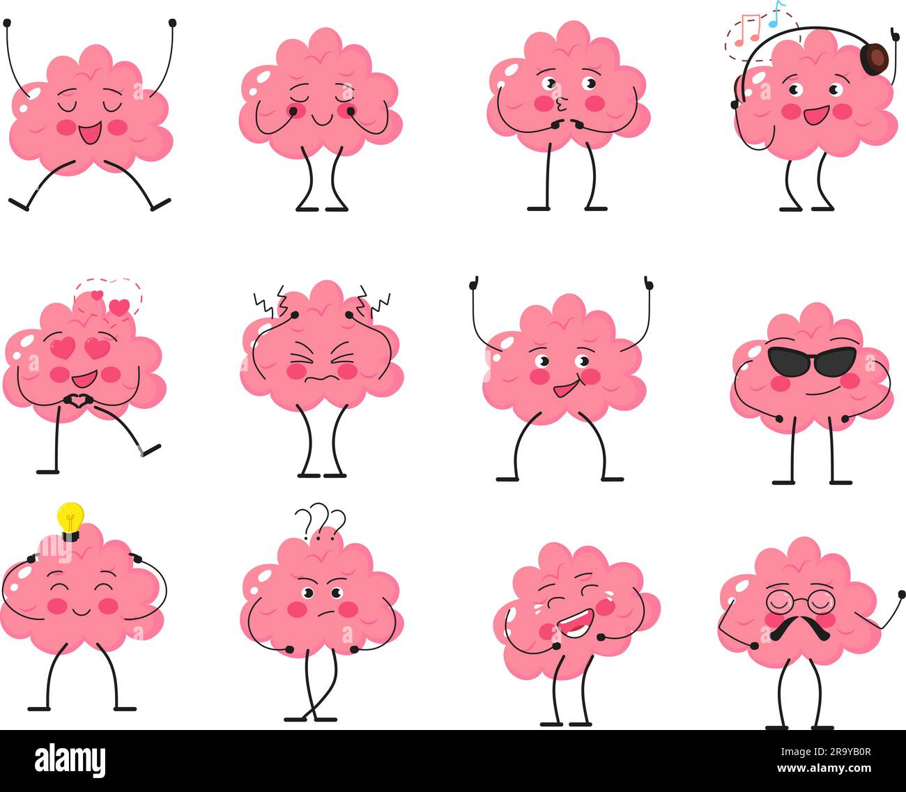 Cartoon brain emoji, emotion brainy vector set. Brainstorming set ...