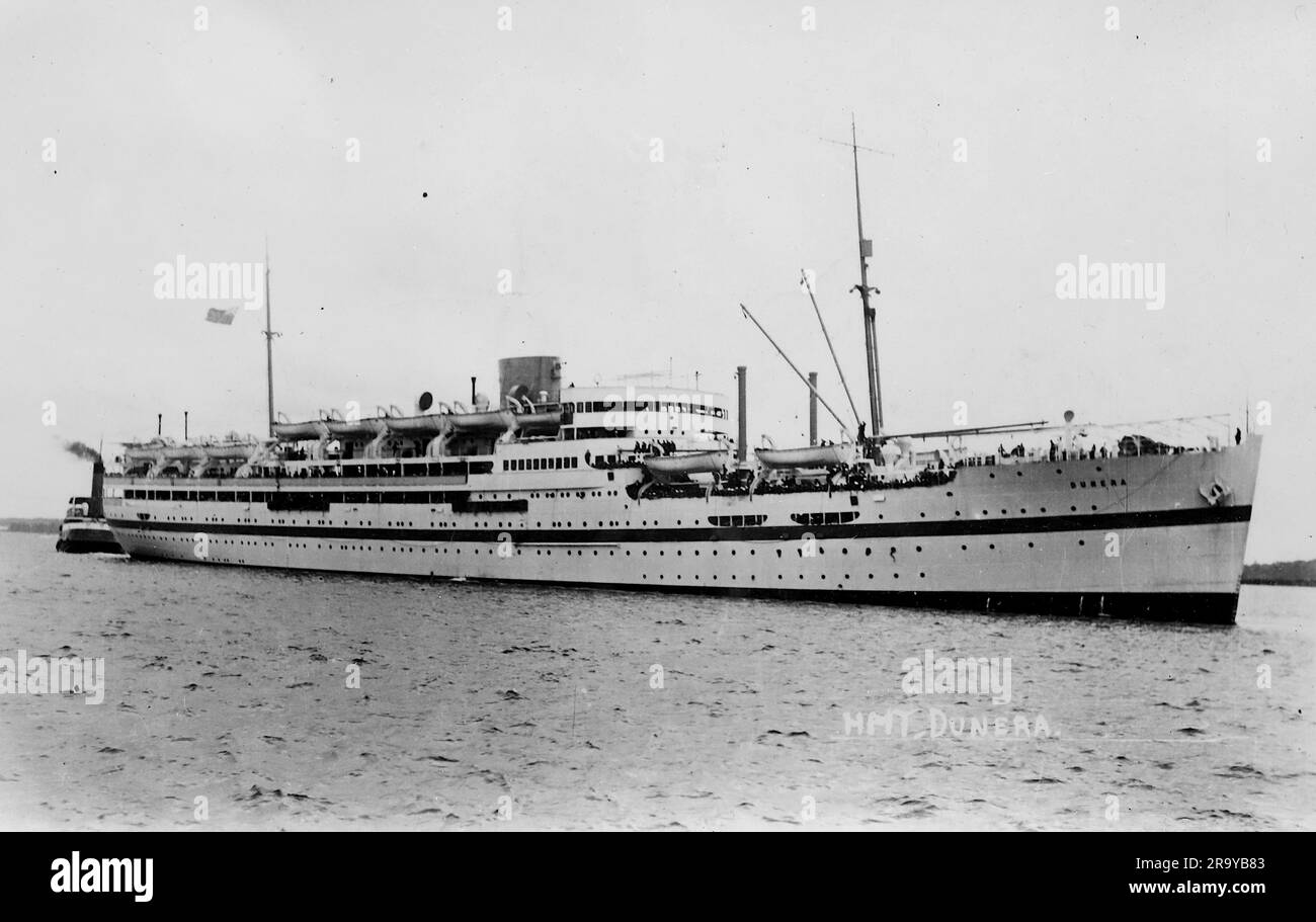 Unattributed postcard of H.M.T. Dunera, a troopship, c1920s. This is a ...