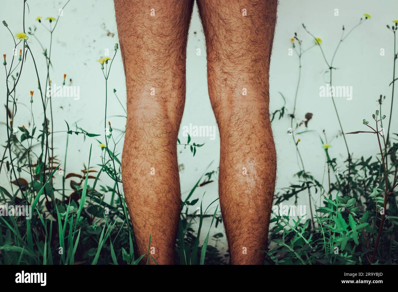 Barefoot person standing in green environment, exuding freedom and ...