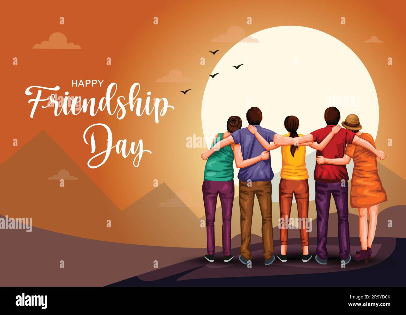 Happy international friendship day greeting card, back view of friends ...
