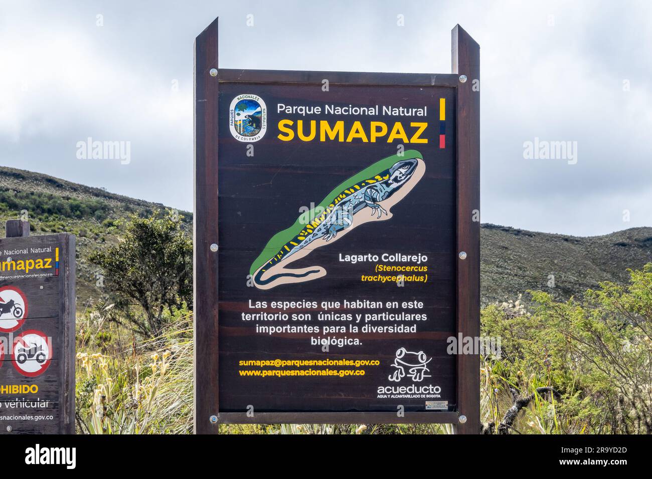 Sign and information board at the Sumapaz Parque Nacional Natural ...