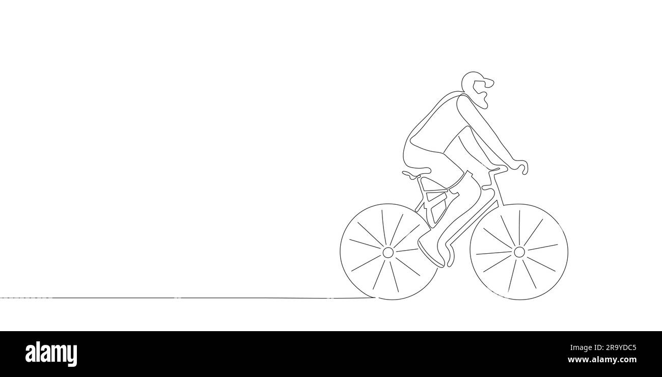 A cyclist or cyclist rides down the street. continuous one line drawing ...