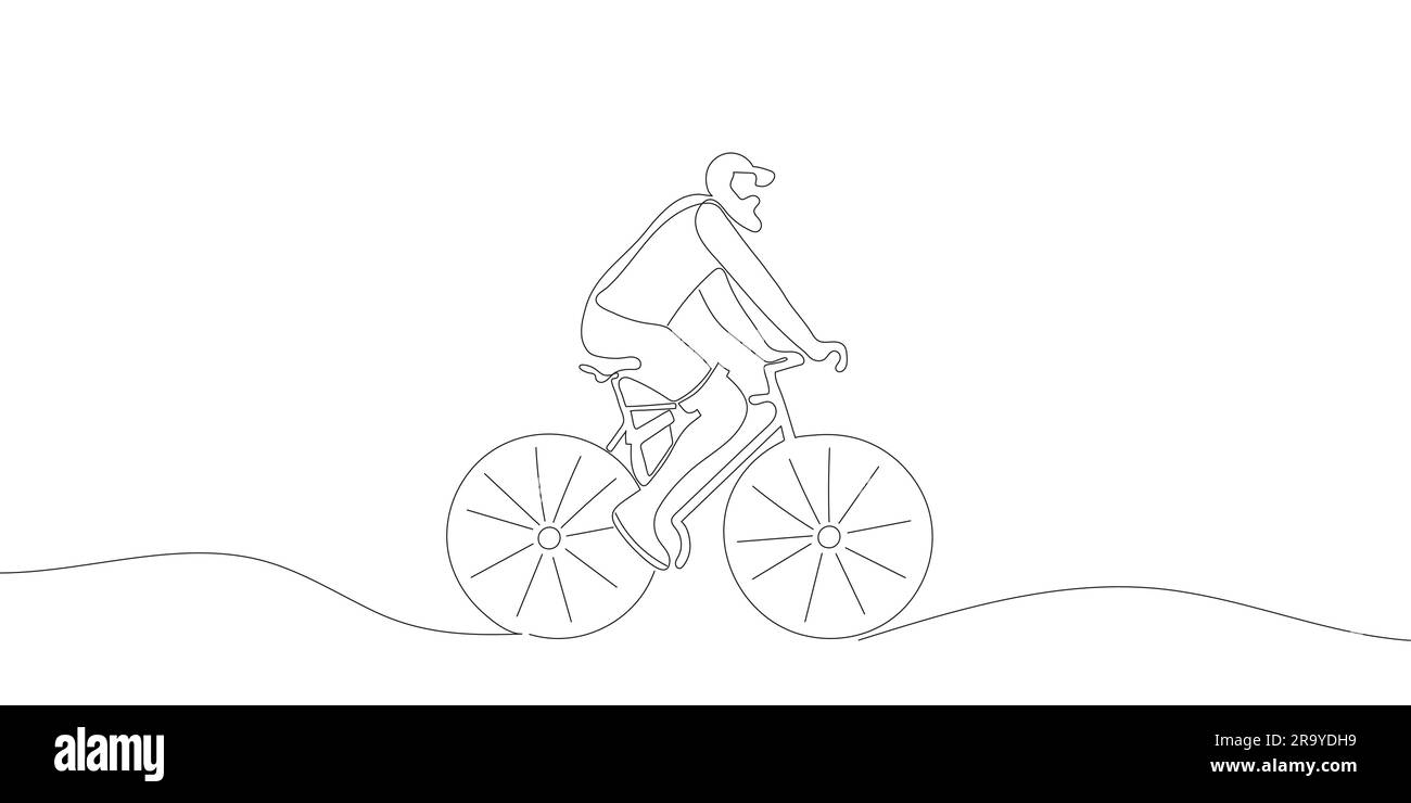 A cyclist or cyclist rides down the street. continuous one line drawing ...