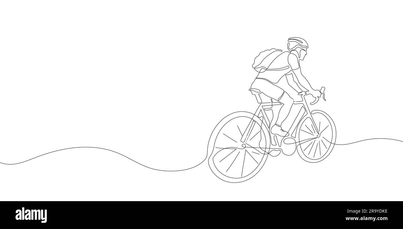 A cyclist or cyclist rides down the street. continuous one line drawing ...