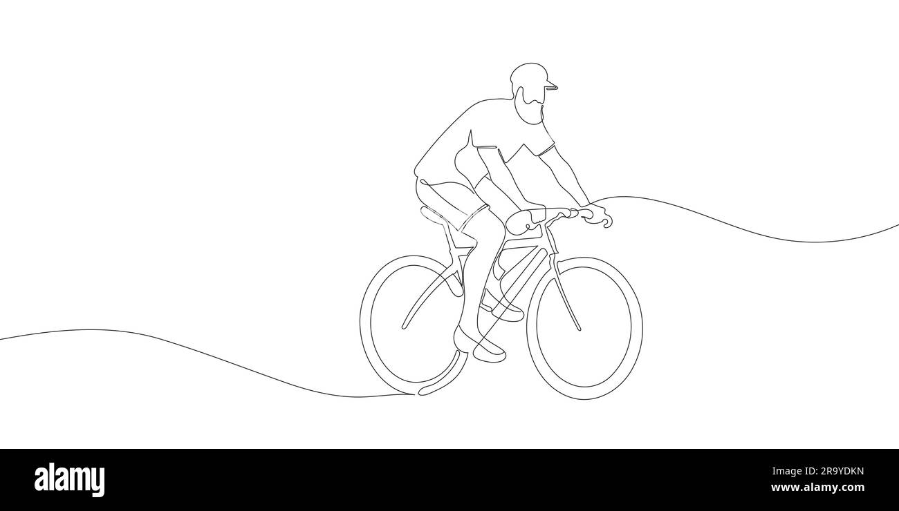 A cyclist or cyclist rides down the street. continuous one line drawing ...