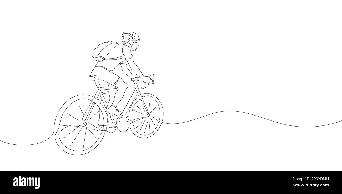 A cyclist or cyclist rides down the street. continuous one line drawing ...