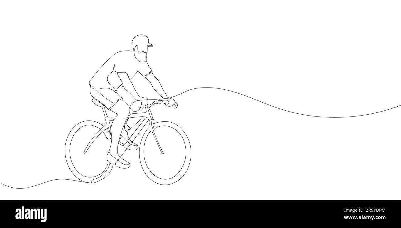 A cyclist or cyclist rides down the street. continuous one line drawing ...