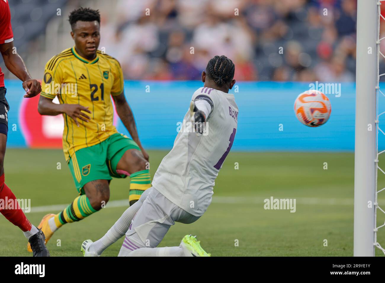 St. Louis, MO. USA; Jamaica goalkeeper Andre Blake (1) comes out to ...