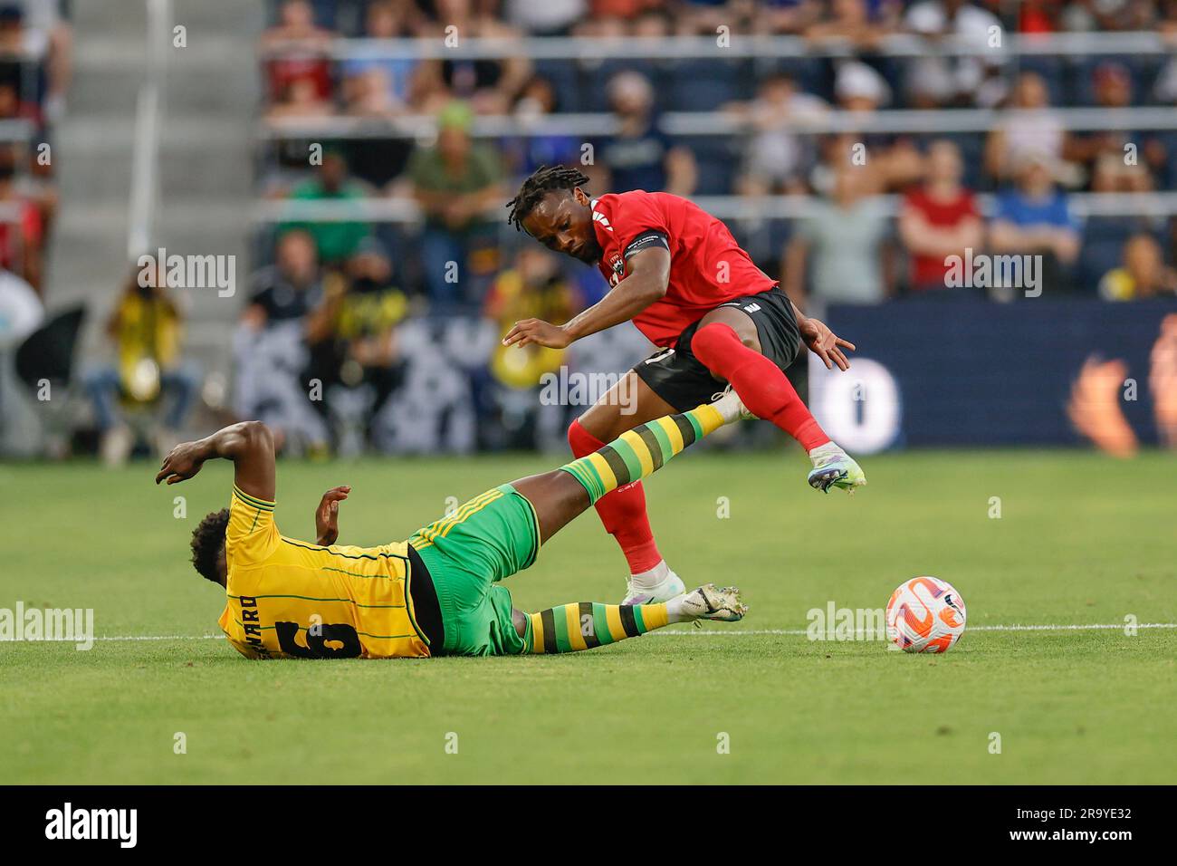 St. Louis, MO. USA; Jamaica defender Di'Shon Bernard (6) gets entangled ...