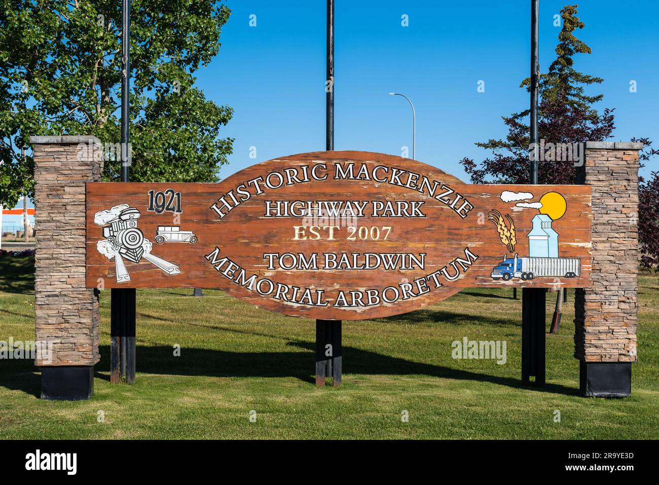 High level, Alberta / Canada - 10 AUG 2022: Mile Zero of the Mackenzie ...
