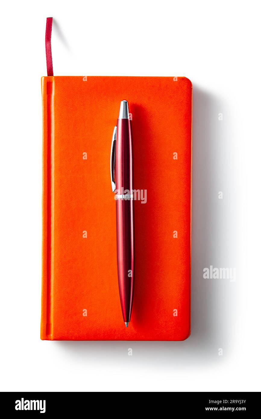 Closed Orange Colored Notepad And Red Ballpoint Pen Isolated Stock ...
