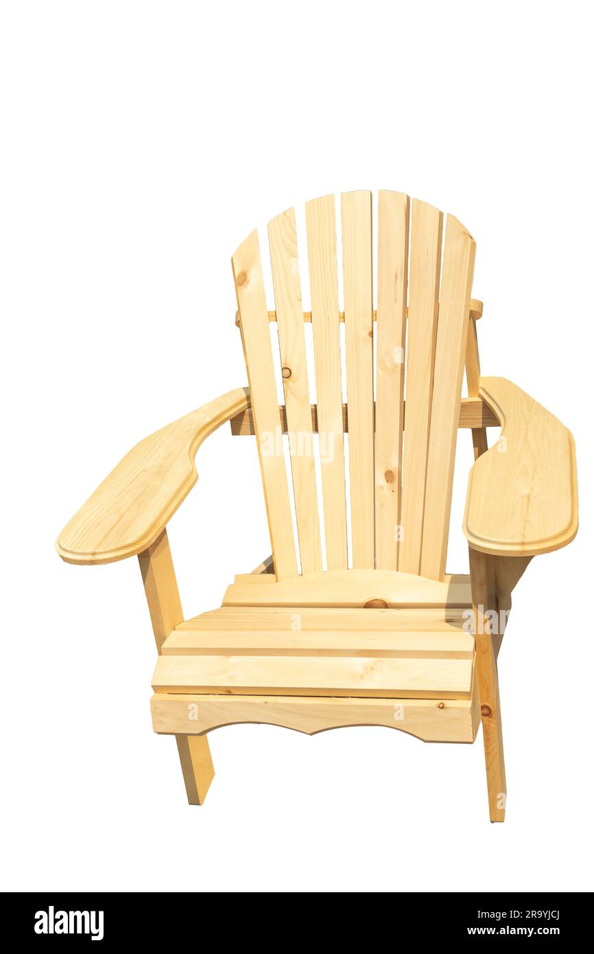 Garden chair made of natural Canadian pine wood on a white background ...