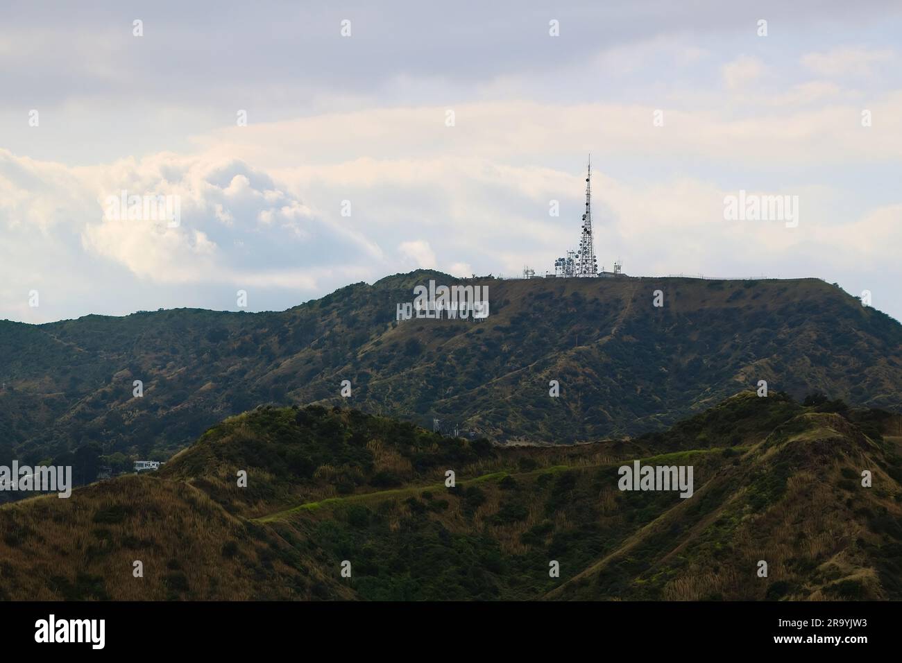 The Hollywood Sign from Griffith Observatory with a communications mast ...