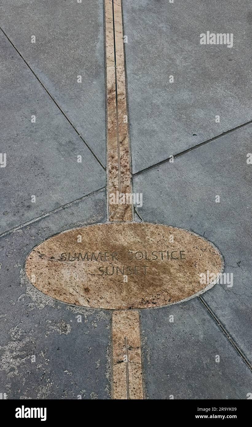Stone and bronze line marking the Summer solstice sunset Griffith ...