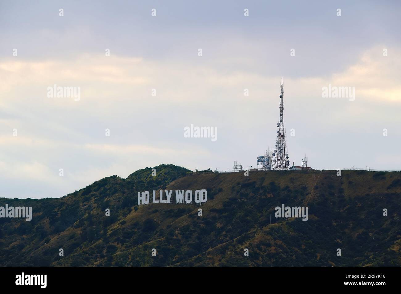 The Hollywood Sign from Griffith Observatory with a communications mast ...