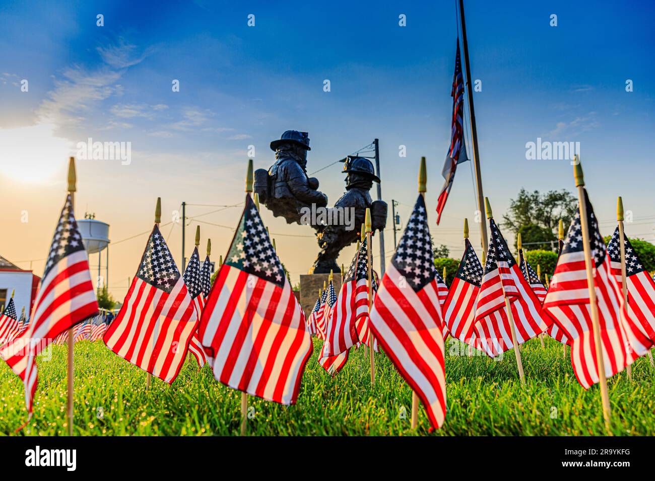 The Firefighters Memorial with the US flags at the Newton during the ...