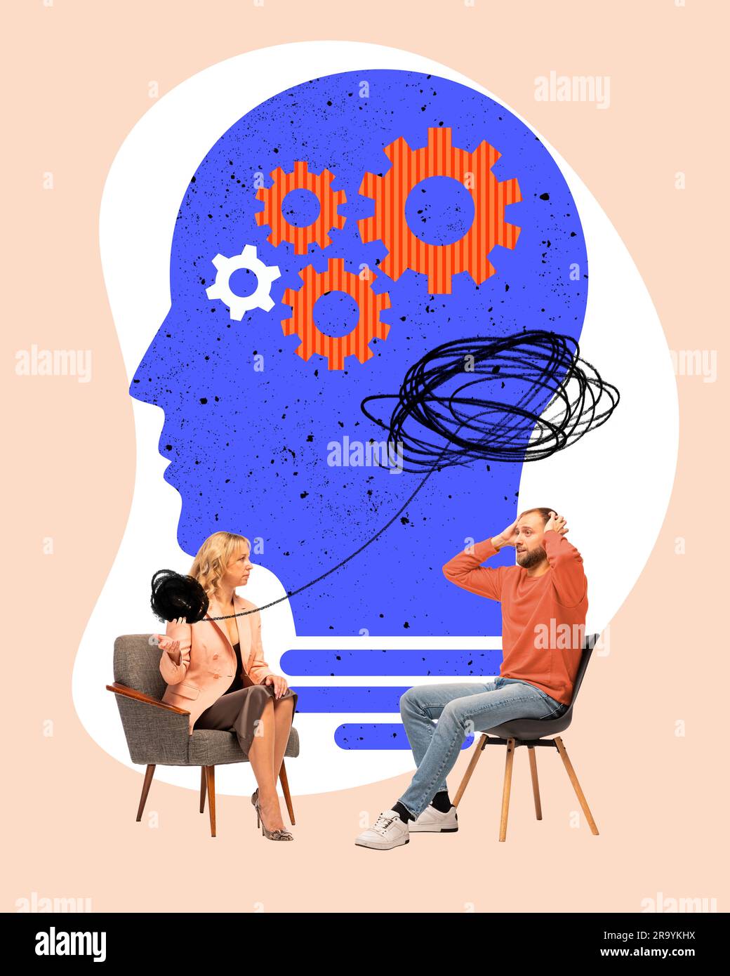 Woman, therapist, psychologist helping man to solve his mental problems ...